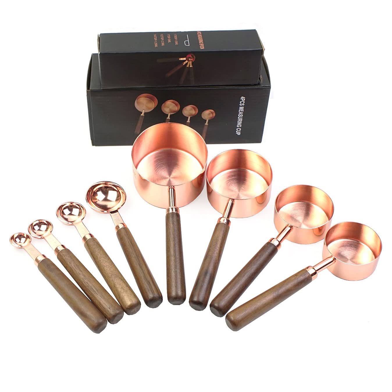 Kitchen Rose Gold Measuring Spoons and Cups Tool Set 8 piece, Dual Scale Unit, Walnut Wood Handle, Stainless Steel Mirror Polished for Dry and Liquid Ingredients Kitchen Cooking Baking Set