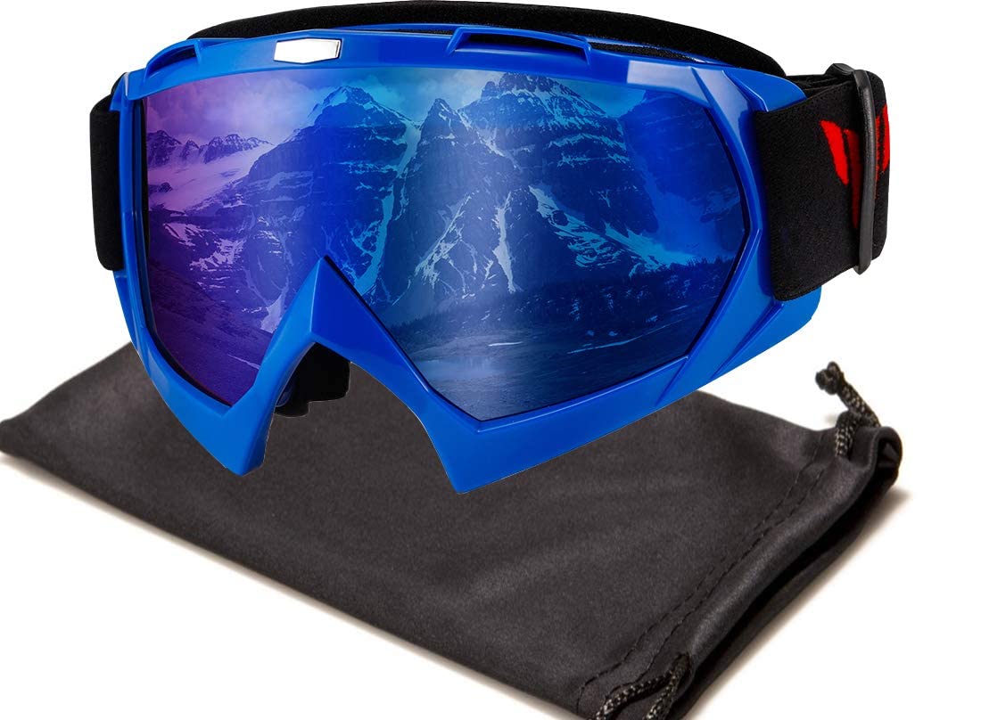 b21design Ski Goggles for Men Women White Blue Lightweight Wide View,100% UV protection Blocking Helmet Off Road, Snow Boarding Mirror (Blue + Case)