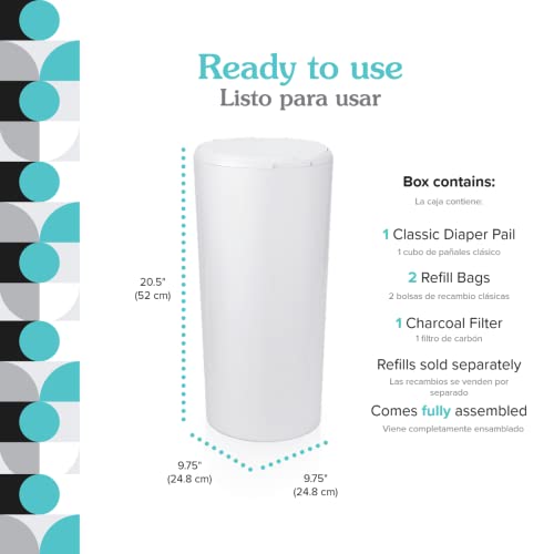 PurePail Classic Diaper Pail β White, Blocks Odors with No Added Fragrance, Holds 20% More Diapers & Generates Less Waste, No Cutting, No Canisters, Includes 1 Pail + 2 Refill Bags + 1 Charcoal Filter