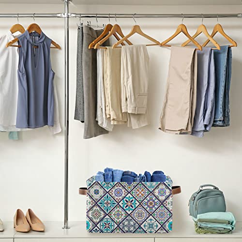 Foldable Storage Basket Blue Tartan Pattern Fabric Collapsible Organizer Basket with PU Handles, Decorative Baskets for Shelves Home Closet Bedroom Living Room - 1 Pack