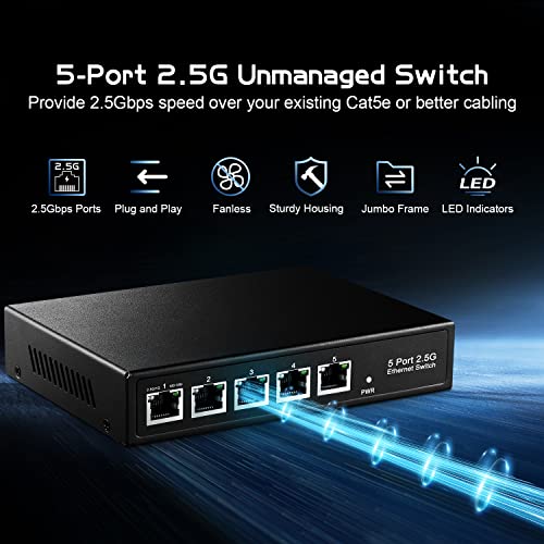 Binardat 5 Port 2.5G Switch, 5 x 2.5 Gigabit RJ-45 Base-T Ports, Metal Unmanaged Multi-Gigabit Desktop Ethernet Switch…