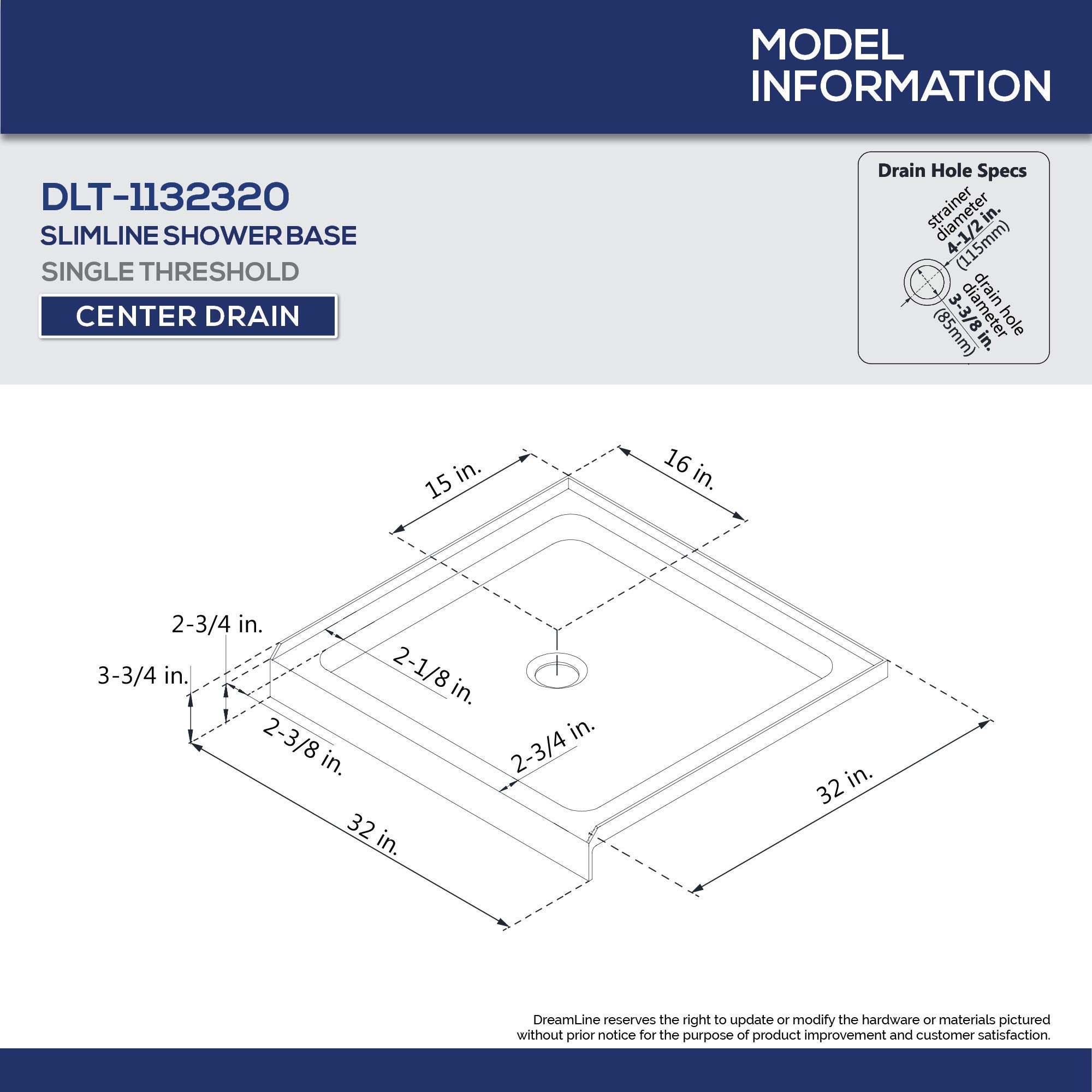 DreamLine SlimLine 32 in. D x 32 in. W x 2 3/4 in. H Center Drain Single Threshold Shower Base in White, DLT-1132320