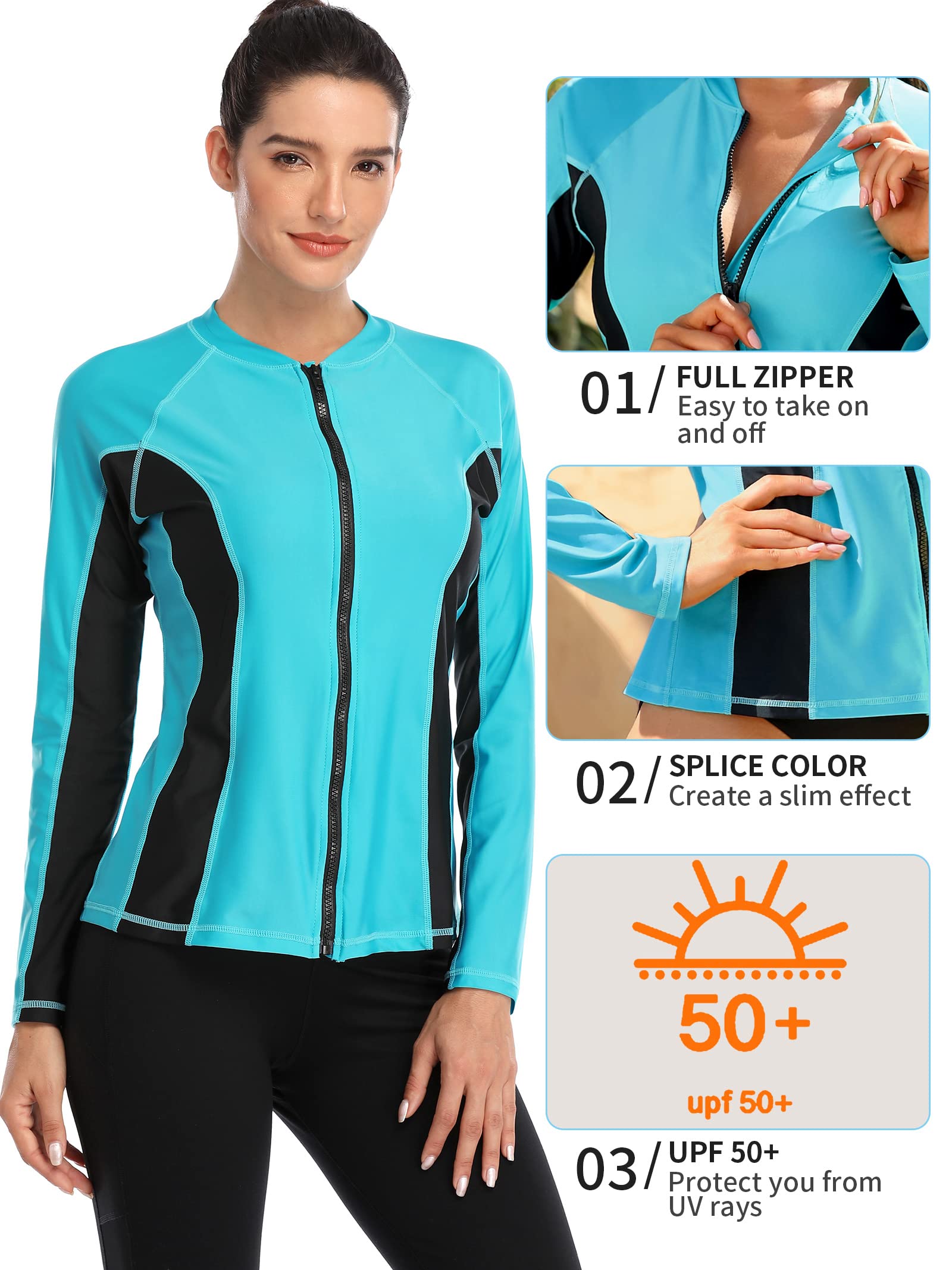 ATTRACO Womens Rash Guard Long Sleeve Sun Protection Swim Shirts Swim Top Aqua L