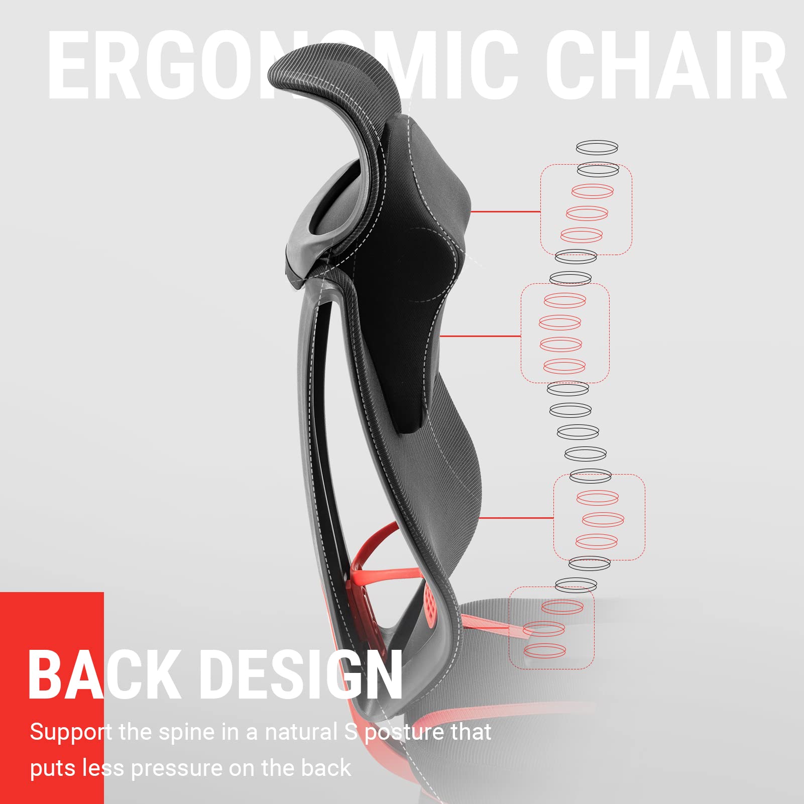 Aodrova Office Chair Gaming Chair with Extra Large Bionic Headrest, Breathable Mesh Office Chair with Ergonomic Lumbar Support and Adjustable 3D Armrests (Red)