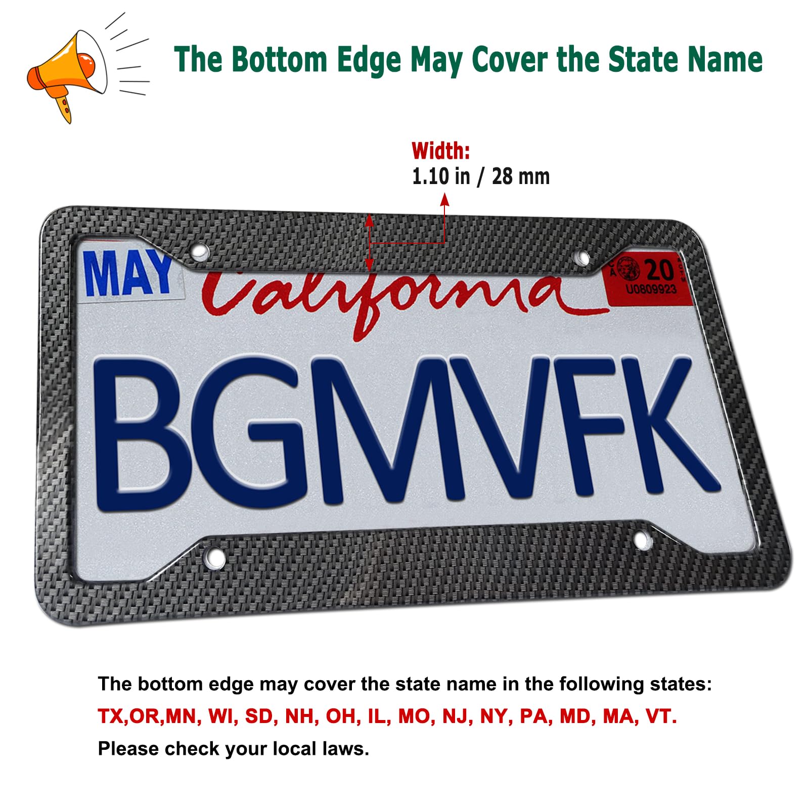 BGMVFK Carbon Fiber License Plate Frame- 2 Pack Black Aluminum Front & Rear Auto Car Tag Holder Cover, Heavy Duty Bracket with Mount Hardware, Screws, Caps, Rattle Proof Pads