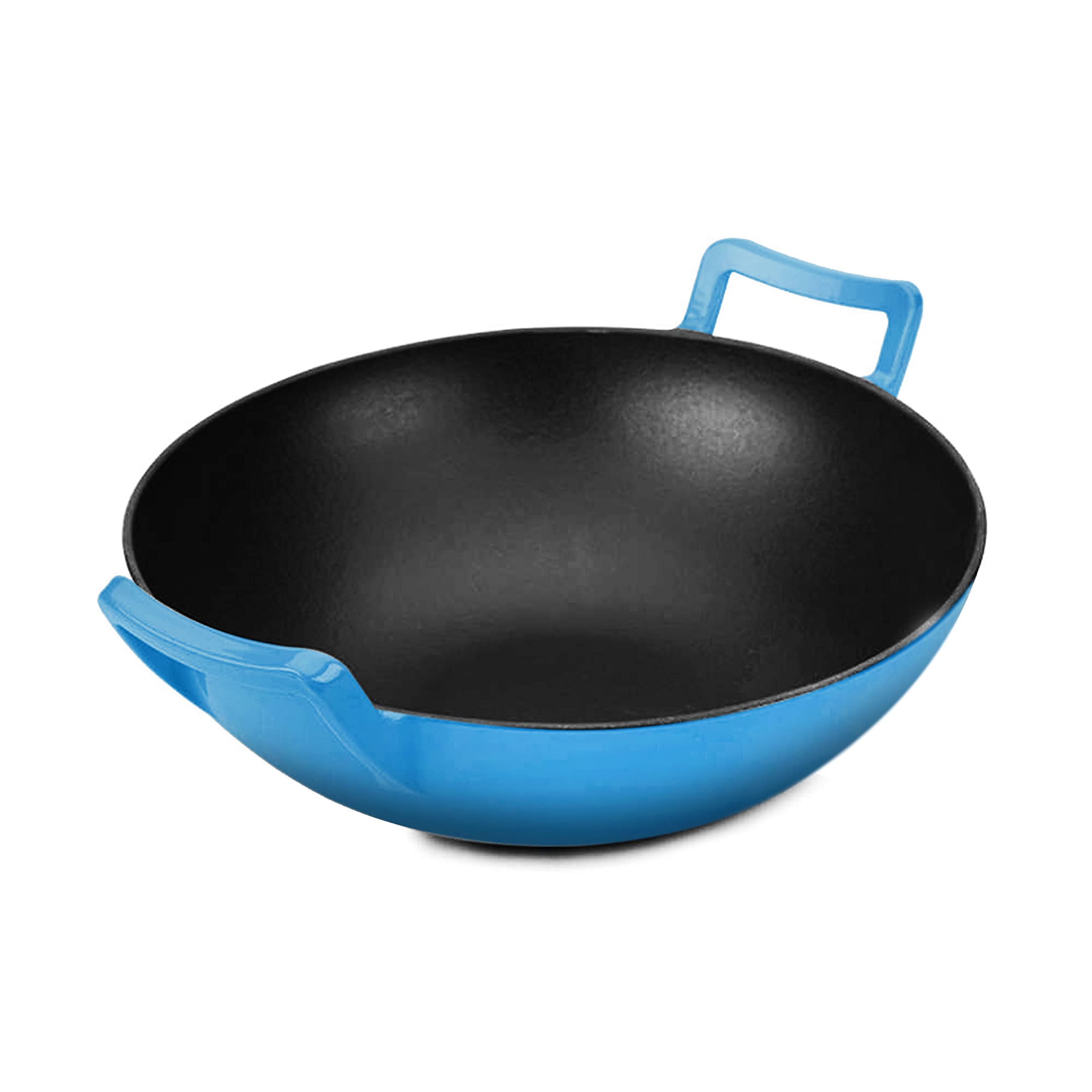 Bruntmor 14 Inch Blue Enameled Cast Iron Wok/Pot - Nonstick Skillet Pan with Large Loop Handles for Versatile Cooking - Oven Safe & Electric Stovetop Compatible - Indoor and Outdoor Culinary Essential