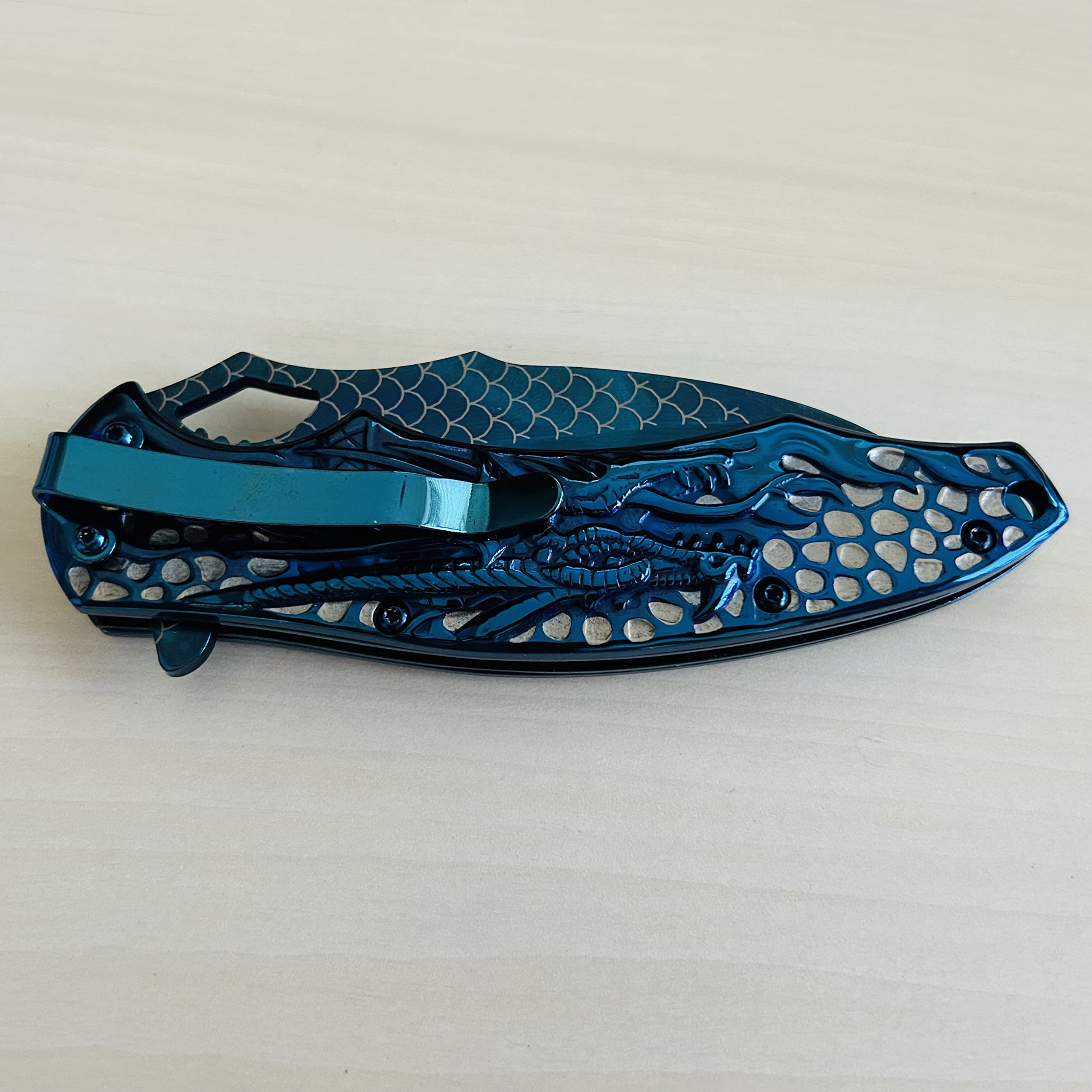 BladeDealUSA Dragon Design Assisted Open Folding Pocket Knife, Dragon Skin Blade, Blue Color, Hunting, Camping Accessories