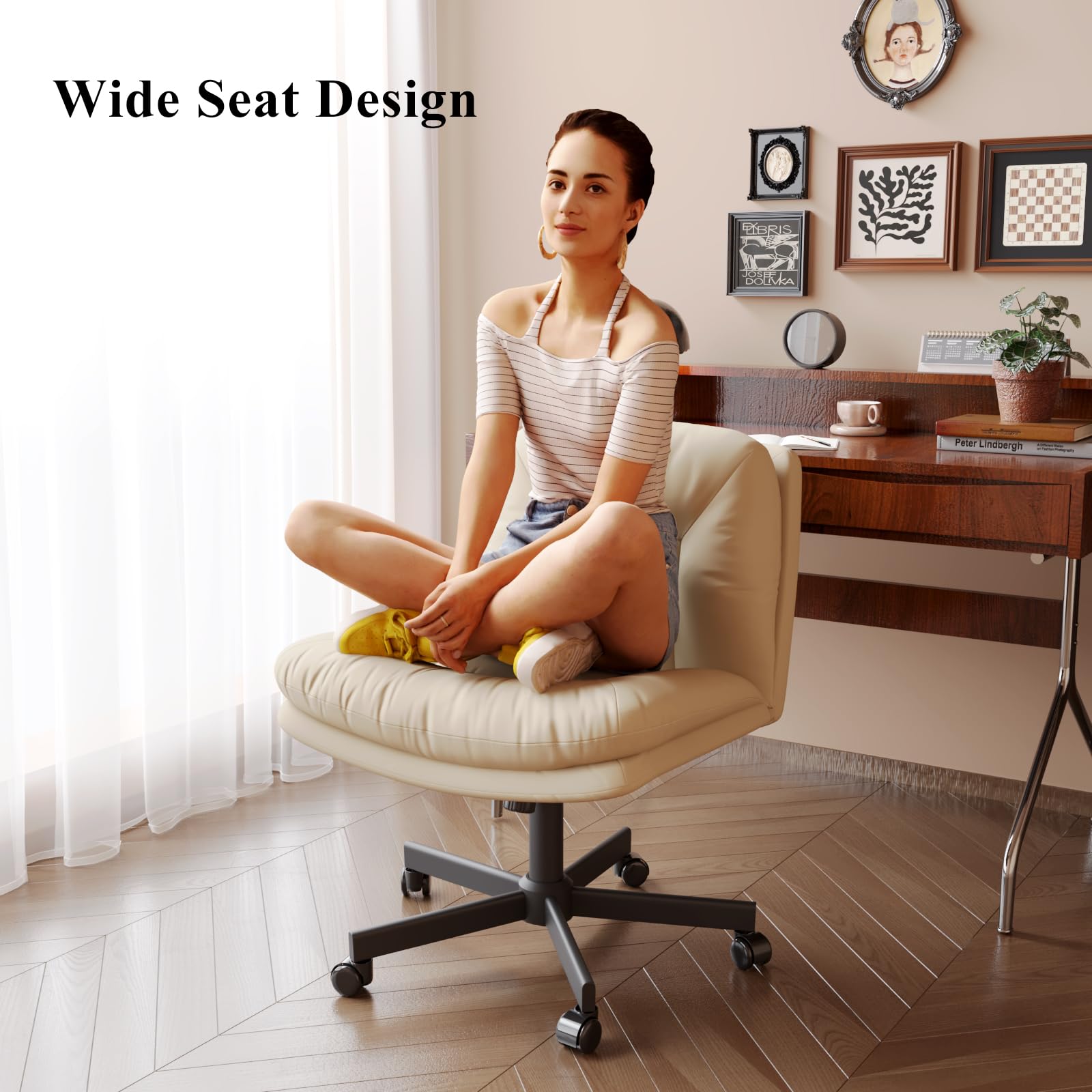 borinlan Armless Office Desk Chair with Wheels, PU Leather, Cross-Legged Wide Seat, Thickened Cushion, Adjustable Swivel, for Home/Office/Bedroom (with Wheels)