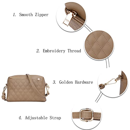 KKXIU Triple Zip Lightweight Small Crossbody Bags for Women Quilted Shoulder Purses and Handbags (B-khaki)