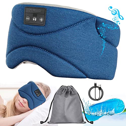 Bluetooth Sleep Mask with 24 White Noise, Ultra-Thin Speaker Cold Pack Blockout Bluetooth Eye Mask Sleep Headphones for Side Sleepers, Airplane, Travel, Cool Gadgets for Women Man (Blue)