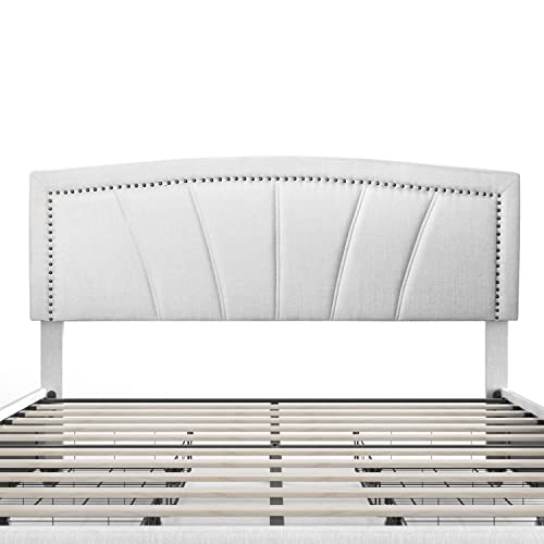 BONSOIR Queen Size Storage Bed Frame Upholstered Low Profile Traditional Platform with Tufted and Nail Headboard/No Box Spring Needed/4 Pull Out Drawers/Light Grey Linen Fabric (Queen Size)