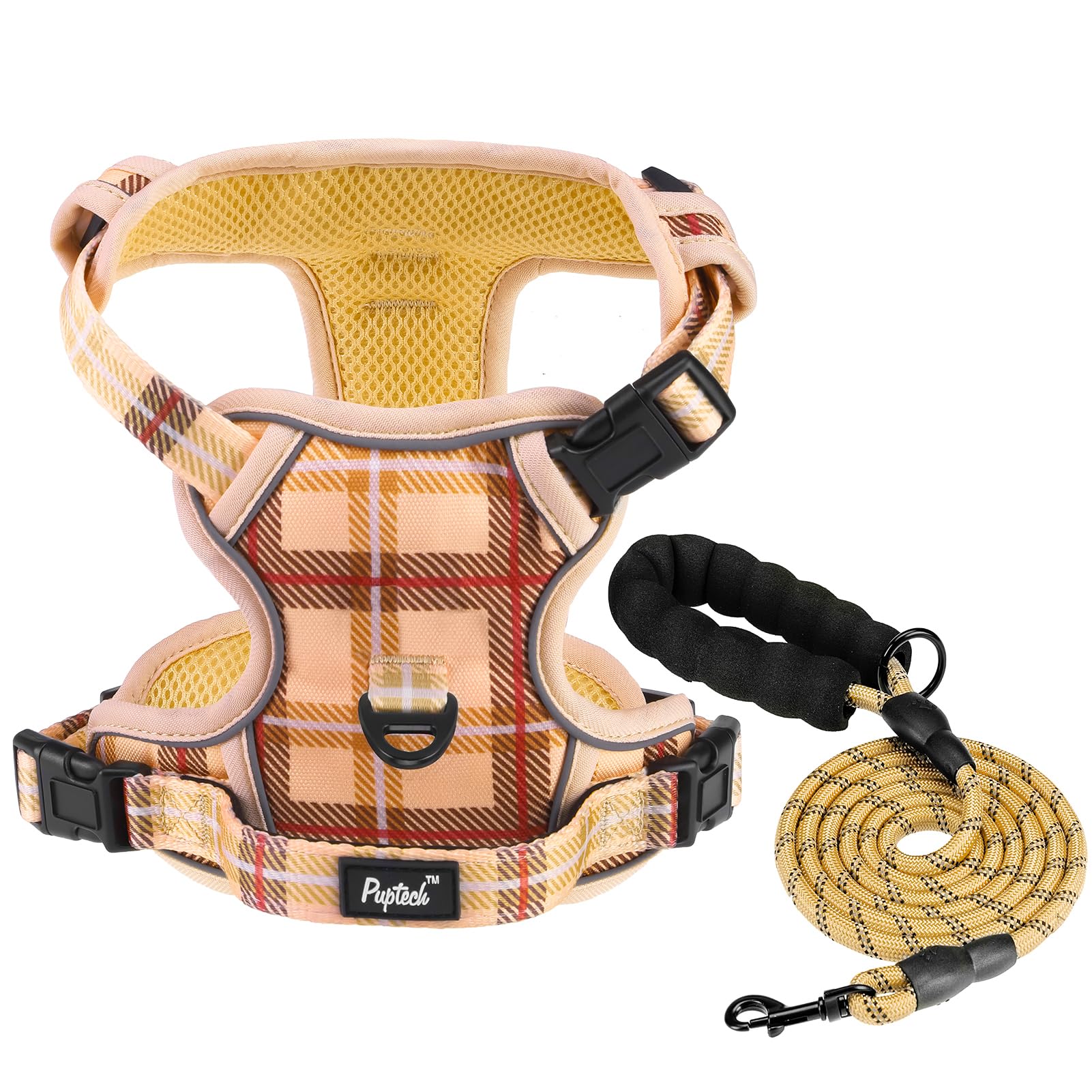 PUPTECK No Pull Dog Harness and Leash Set with Handle Reflective Adjustable Padded Vest Escape Proof for Small Medium Large Dogs Walking Training Hiking, Plaid Beige L