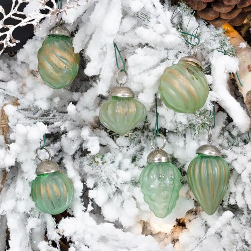 AuldHome Small Glass Finial Ornaments (Set of 12, Soda Glass); Distressed Metal Antique Style Christmas Decorations; Small to Medium Tree Sized