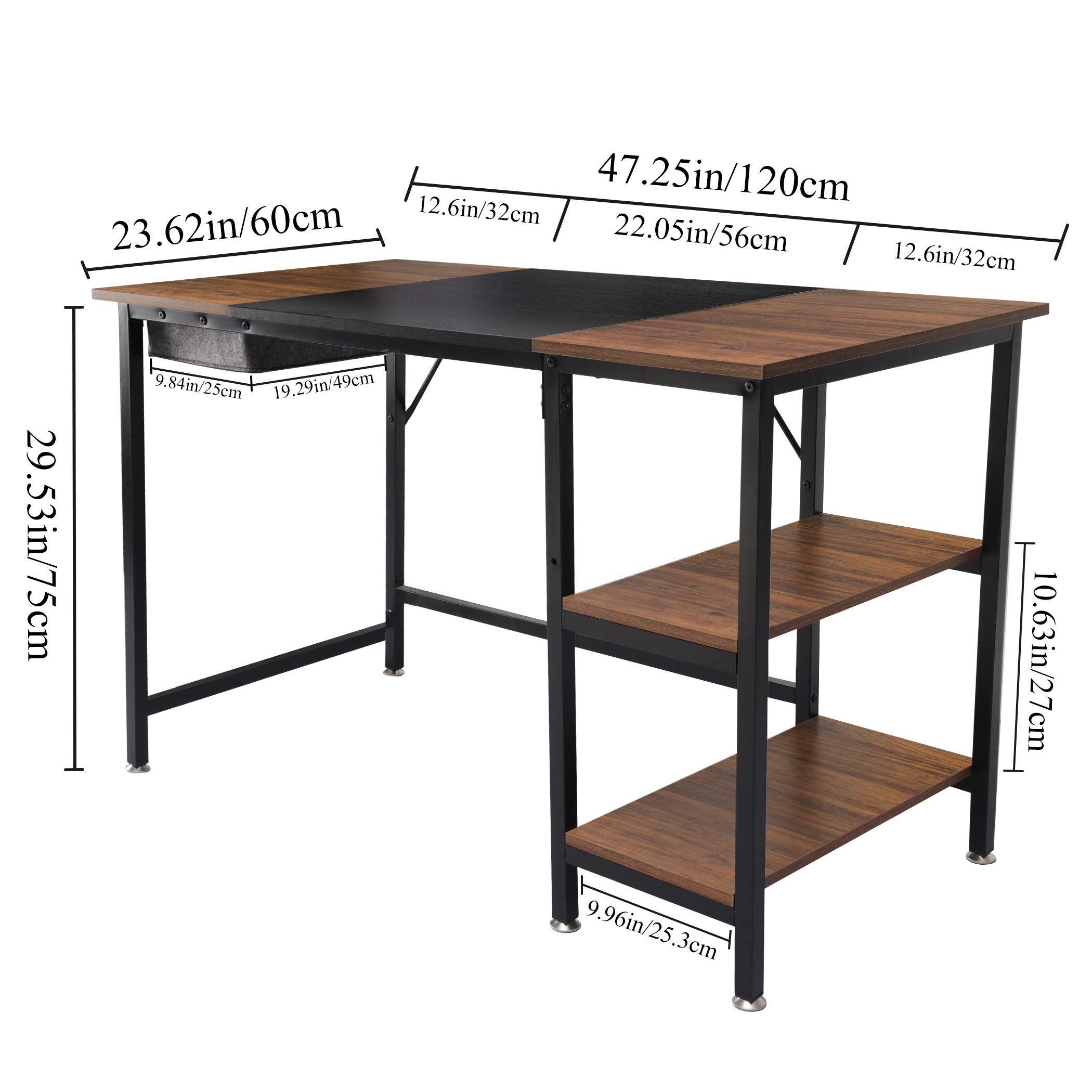 Becko US 47 Inch Computer Desk Small Computer Desk Home Office Desk with Storage Shelves Writing Study Desk Writing Workstation Desk (Industrial/Rustic Brown)