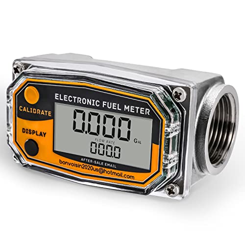Bonvoisin Turbine Flow Meter 1" FNPT Inlet/Outlet Fuel Flowmeter ±1% Accuracy LCD Display Flow Meter for Diesel Kerosene Gasoline 2-26.4 GPM /9-100 LPM(Batteries are not Included)