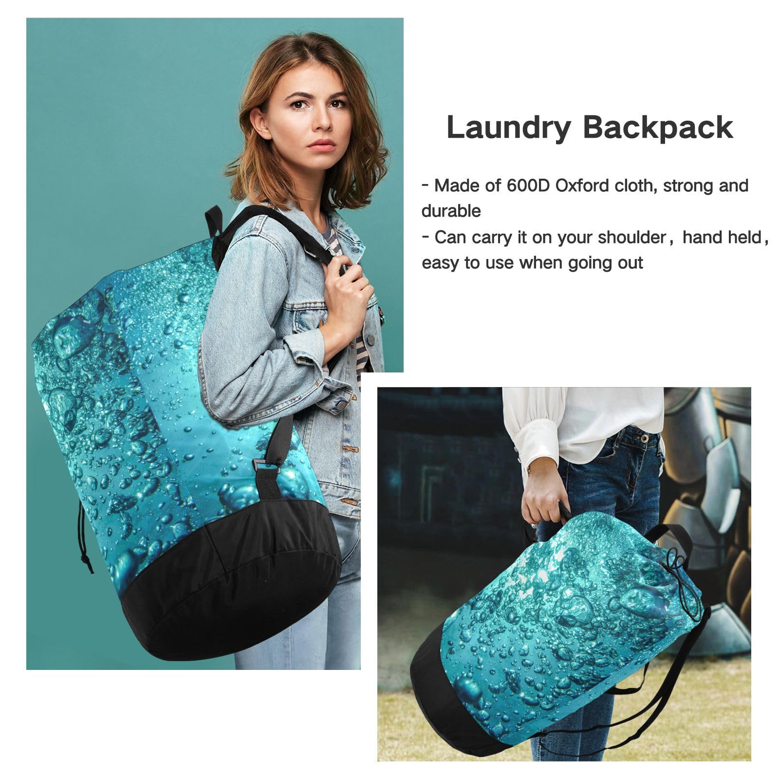 Tatenale Laundry Backpack with Shoulder Straps Drawstring Laundry Bags Extra Large Heavy Duty for College Dorm Travel Laundromat Apartment Camping Bubbles Water