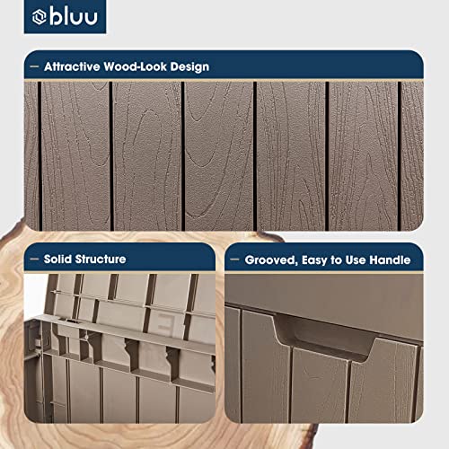 BLUU Deck Box 32 Gallon, Outdoor Storage Box for Patio Cushion, Pillows, Toys, Garden Tool and Hose Storage, Waterproof Material with Lockable Lid & Side Handles, Wood Grain Texture, Taupe
