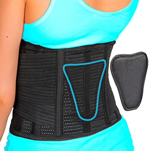 AVESTON Back Brace for Lower Back Pain Relief 6 ribs Belt with Lumbar Pad Support for Men/Women Light Thin Orthopedic Rigid Adjustable Brace Herniated Disc - Circumference 32 β 39" Around Belly