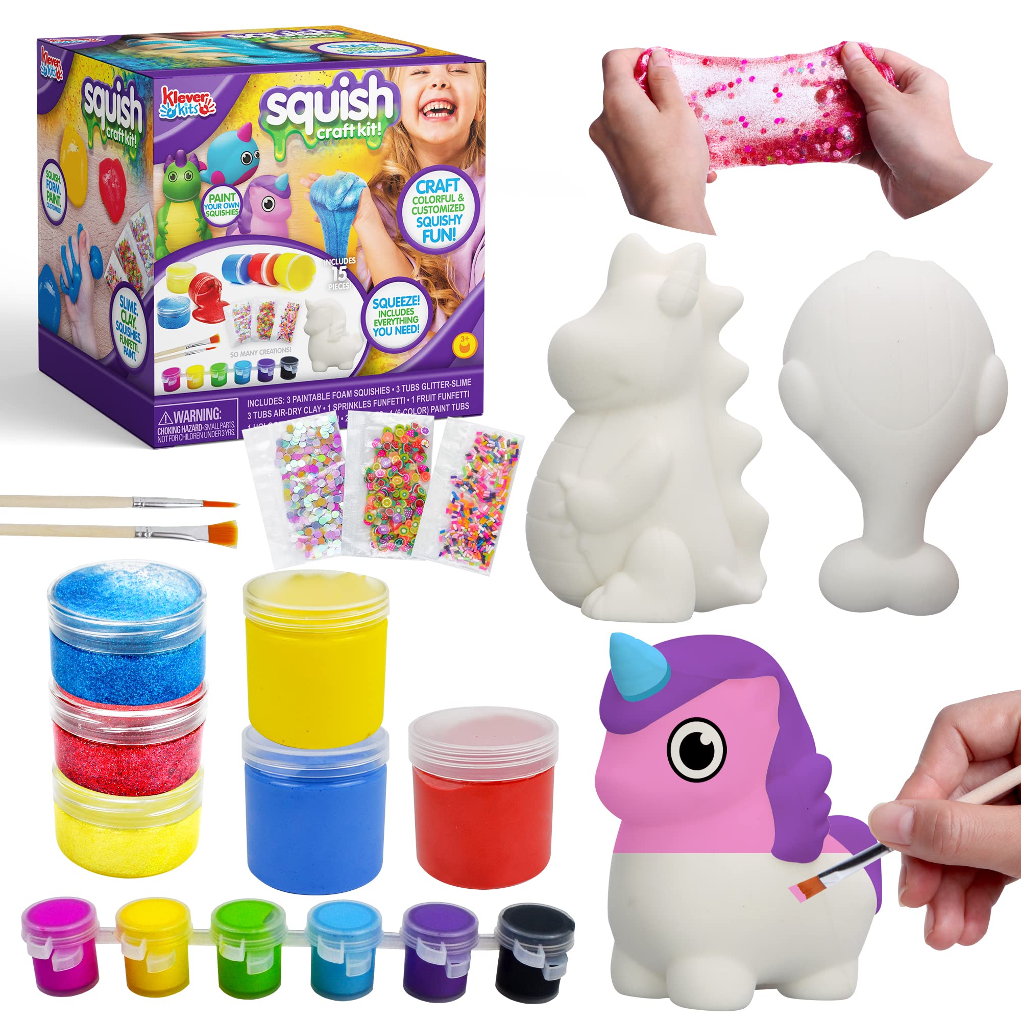 Klever Kits Slime Kit, Paint Your Own Toy Kit, Slime and Toy Set, 3 Glitter DIY Slime Making Kit, 3 Air Dry Clay for Girls Boys Kids Ages 5-12, Kids