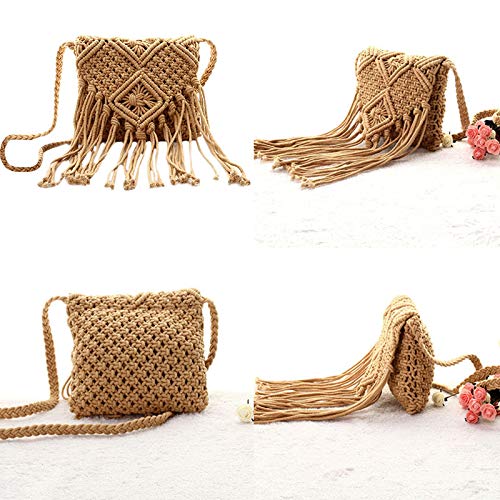 Goclothod Women Crochet Fringed Shoulder Bag Cotton Tassel Crossbody Bag Hippie Beach Purse