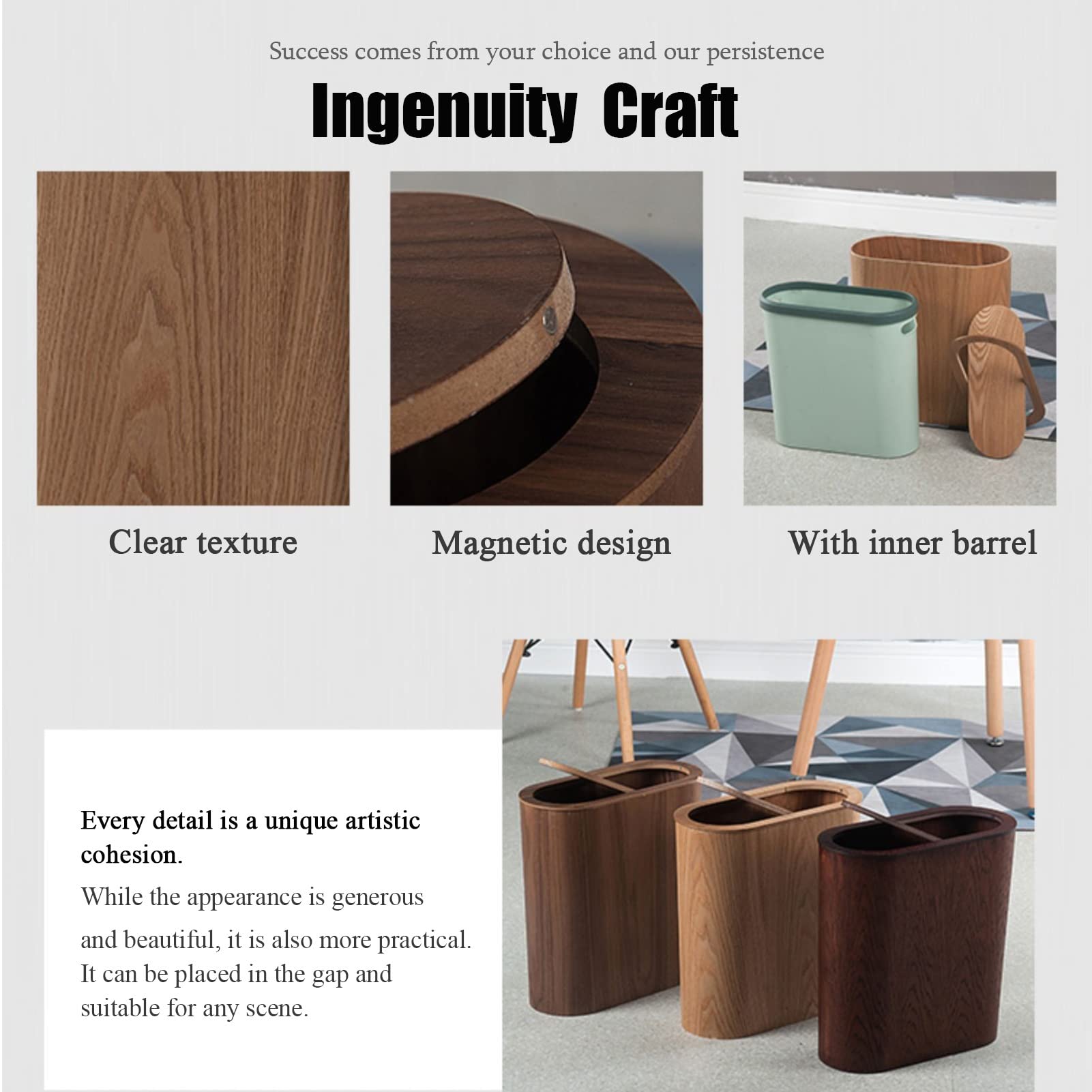 DRSFF Ultra-Narrow Trash Can for Bathroom Kitchen Gap , Nordic Wooden Large Garbage Bin Bedroom Offices Durable Rubbish Container Wastebasket with Swing Top Lid (Color : B)