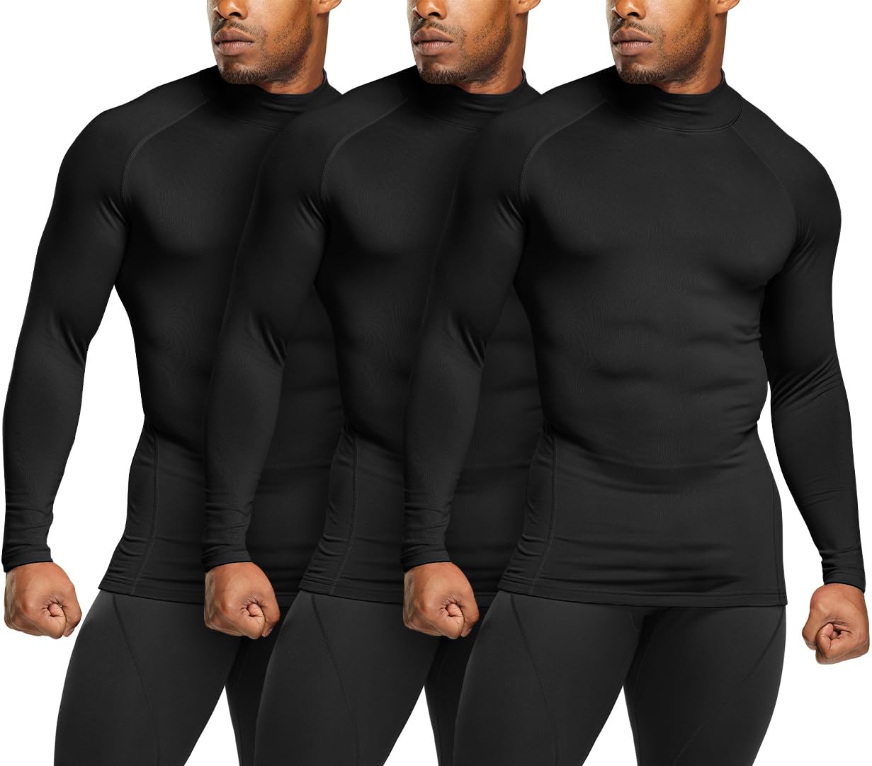 ATHLIO Men's Thermal Long Sleeve Compression Shirts, Turtle/Mock Winter Sports Base Layer, Active Running Shirt, Active Shirts 3pack Black/Black/Black, Medium
