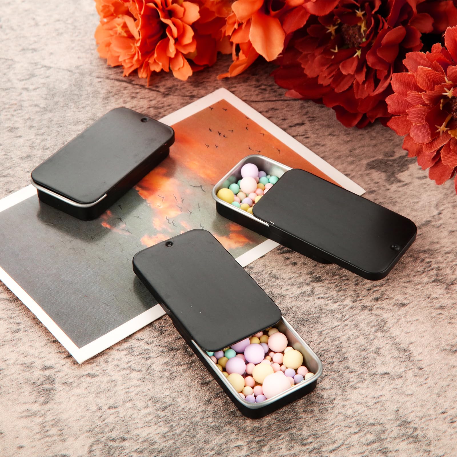 DAJAVE 100 Pack Metal Slide Top Tin Containers, 0.5 oz Mini Metal Tin Containers, Rectangle Metal Tin Box with Slide Lids for Lip Balm Jewelry Crafts Pills(Black)