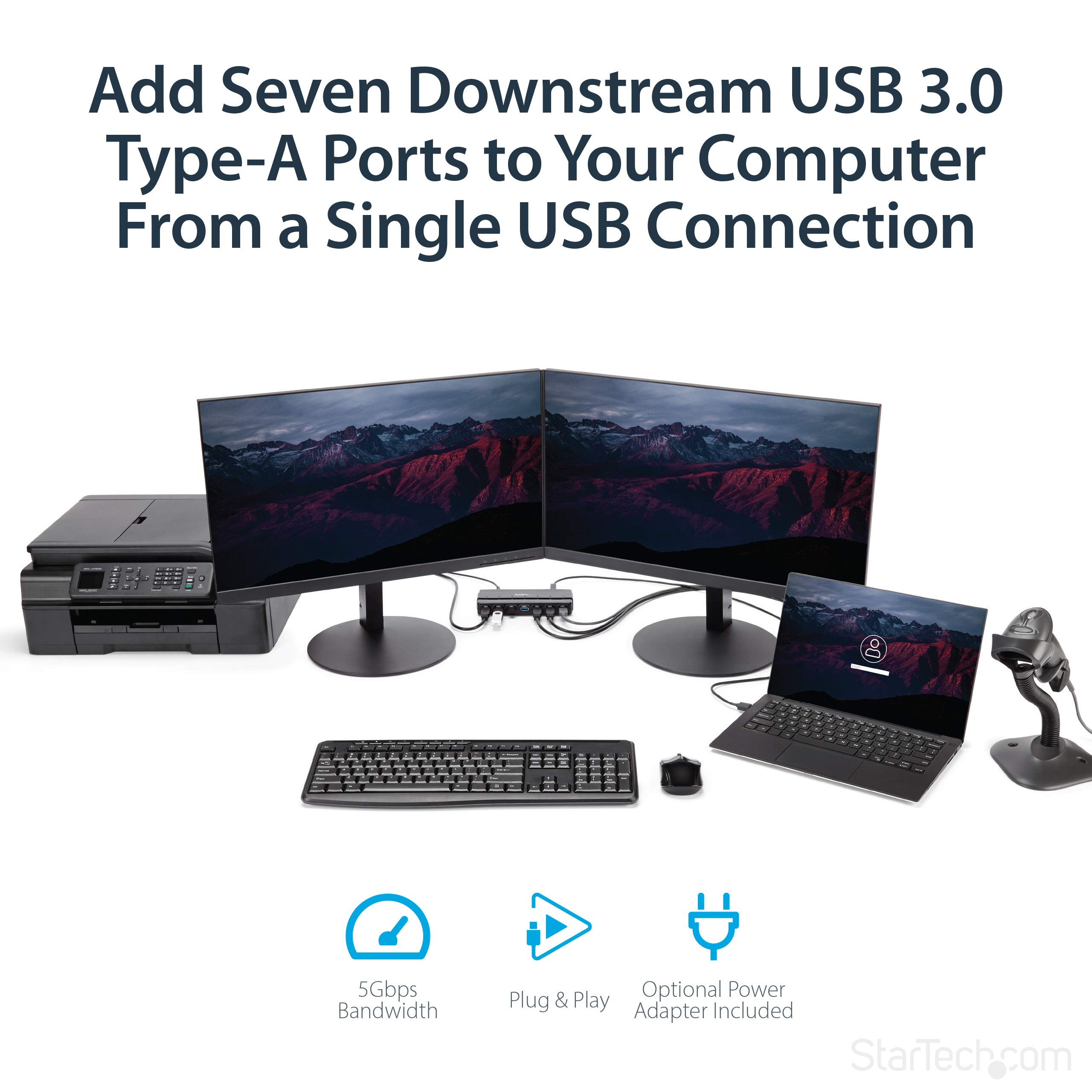 StarTech.com 7 Port USB 3.0 Hub – Up To 5 Gbps – 7 x USB – Universal Multi Port USB Extender for Your Desktop – USB Powered (ST7300USB3B)