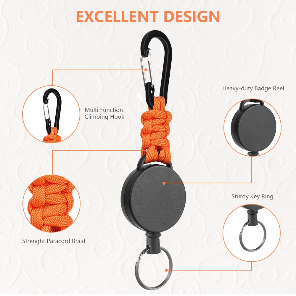 AOMIG 2 Pack Retractable Keychain, Heavy Duty Retractable Badge Holder Reel, Retractable ID Badge Clip Reel with Steel Cable and Carabiner Clip, Badge Reel Carabiner Key Chain(Black&Orange)