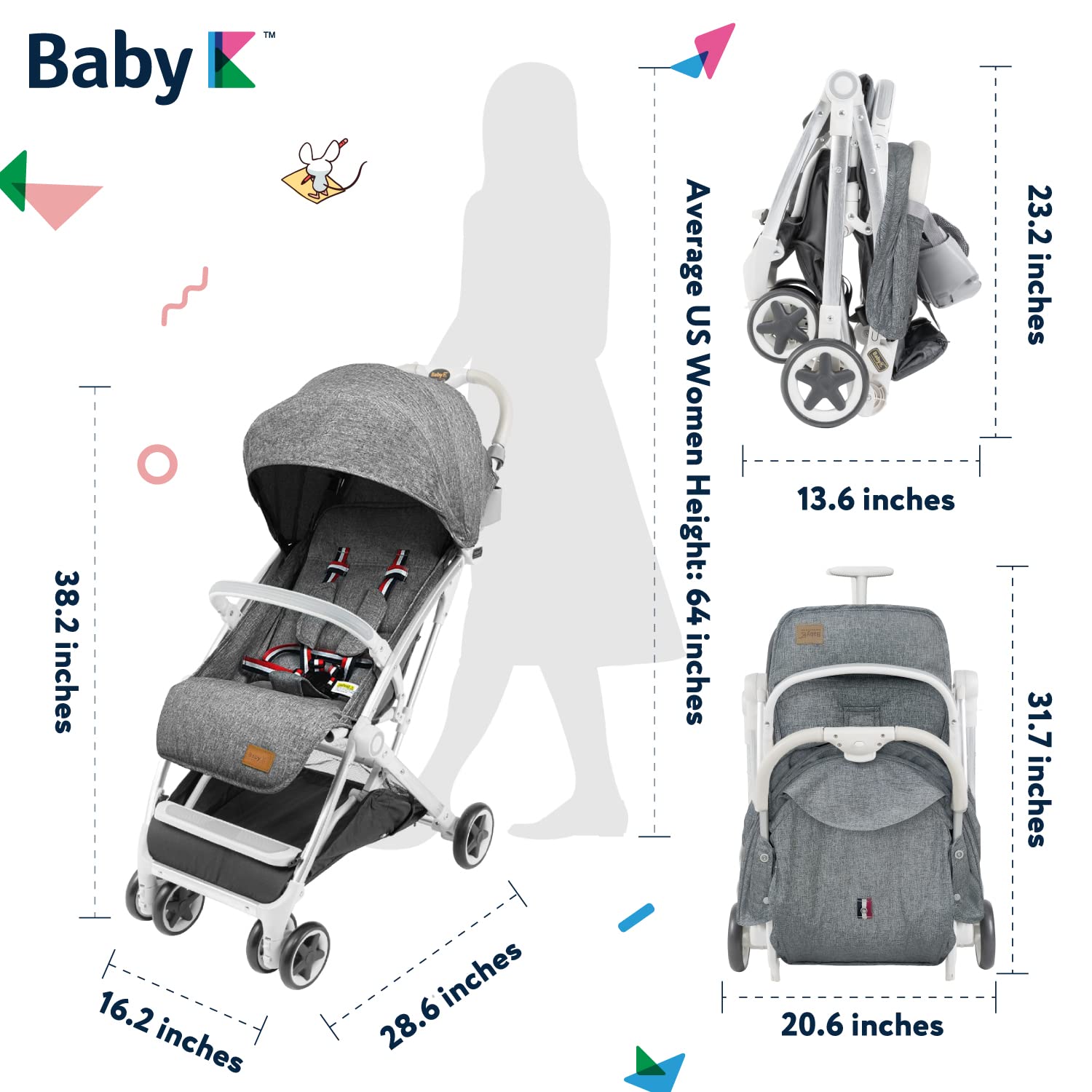 BABY K Lightweight Travel Stroller - Includes Travel Storage Pouch - A Collapsible Airplane Stroller with Adjustable Reclining Backrest & Easy One-Hand Fold for Infant & Toddler of 3-36 Months