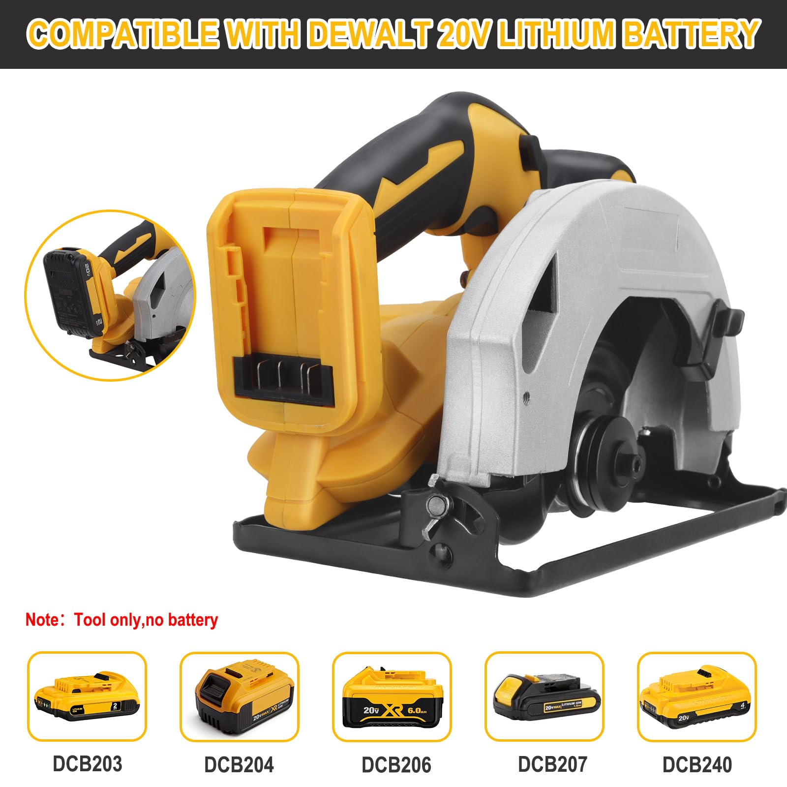Circular Saw Cordless for Dewalt 20V Battery, Power Circular Saws with 7-1/4-inch Saw Blade,Cutting Depth 2-9/16" (90°), 1-3/5" (45°) Tile Saw, 200 W Brushless Motor for Wood, Plastic, Soft Metal