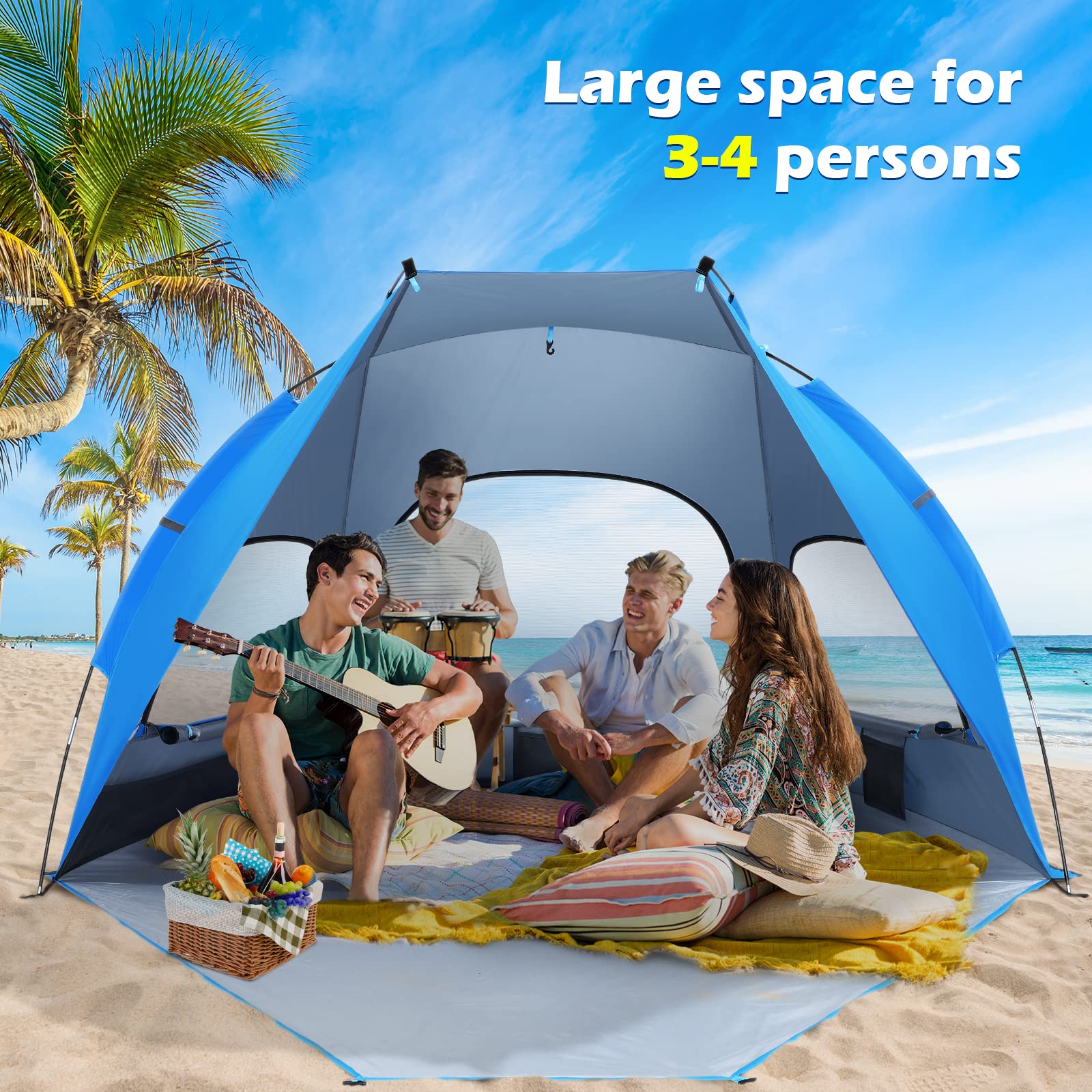 Beach Tent Sun Shade Shelter: 3-4 Person Large Anti-UV Windproof Portable Lightweight Tent Canopy Cabana with Extendable Floor Outdoor