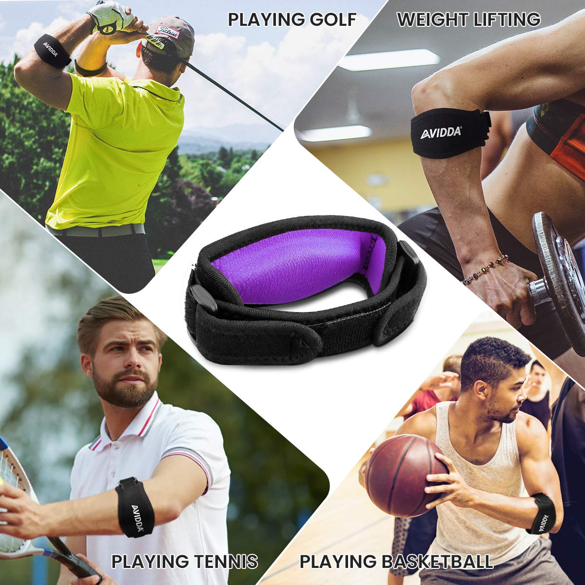 AVIDDA 2 Pack Tennis Elbow Brace with Compression Pad for Women and Men Golfers Elbow Brace for Tendonitis Pain Relief Purple