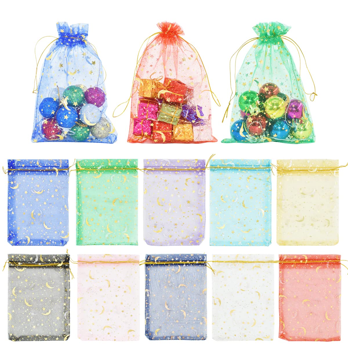 Renashed 100Pcs Moon Stars Sheer Organza Bags with Drawstring 10 Colors, Wedding Favor Bags Jewelry Gift Bags for Wedding Party Valentine's Day, Festival Organza Bags (5 * 7inch/ 13 * 18cm)