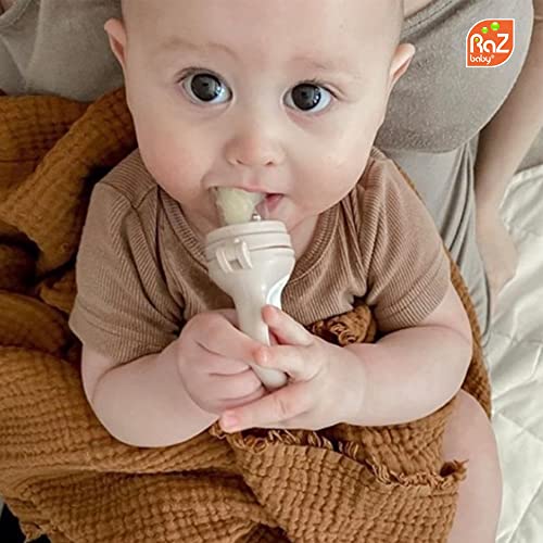 RaZbaby Baby Solids/Frozen Fruit Feeder Pacifier, Infant Teether Toy 6M+, BPA-Free Silicone Pouch & Nipple, Safely Introduce Solids, Teething Relief, Dishwasher Safe, 2-Pack β Orange/Blue + Green/Blue