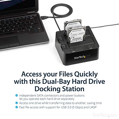 StarTech.com Dual-Bay USB 3.0 To SATA Hard Drive Docking Station, USB Hard Drive Dock, External 2.5/3.5" SATA I/II/III, SSD/HDD Docking Station, Hot-Swap Hard Drive Bay, Top-Loading (SDOCK2U33),Black
