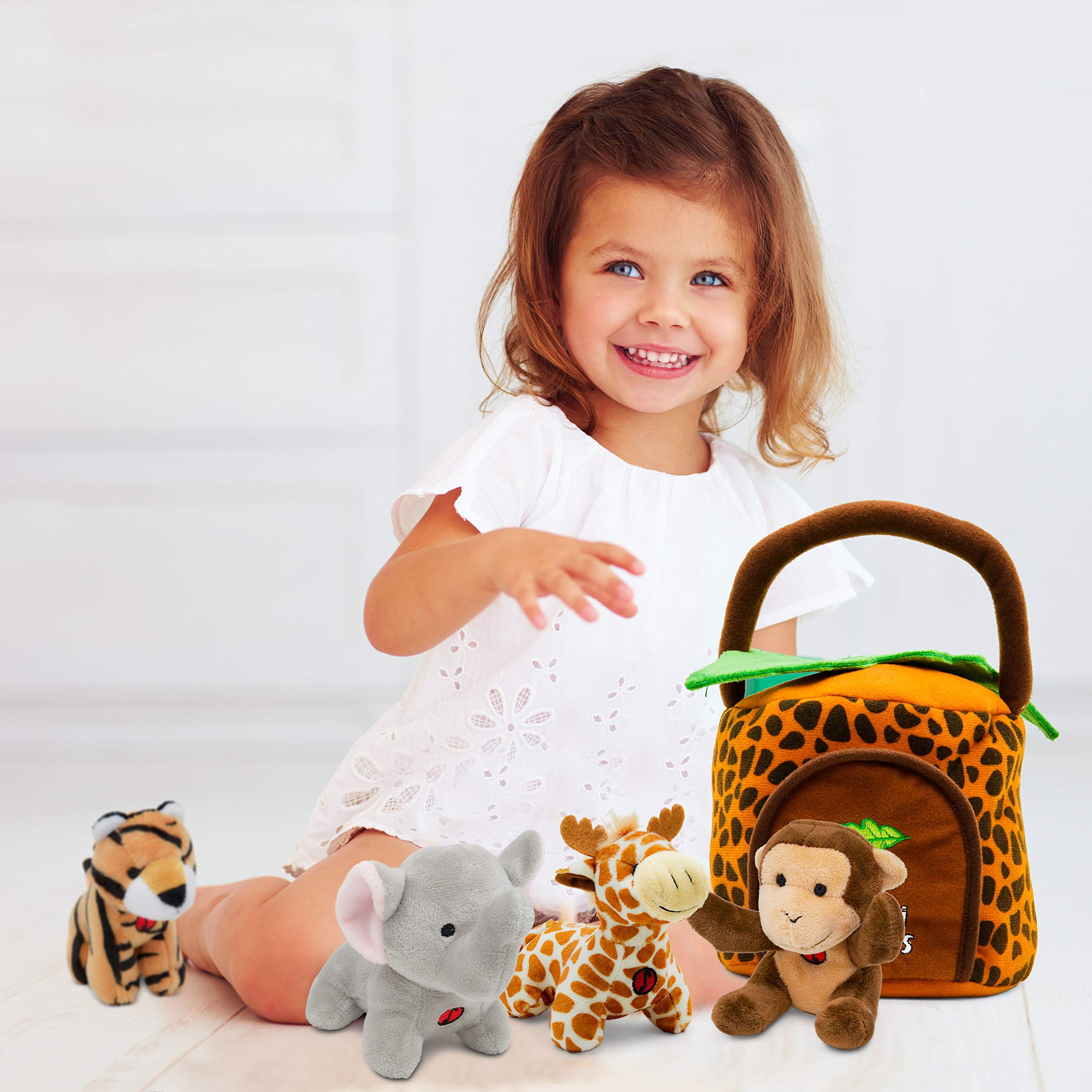 Hoovy Plush Jungle Animals Toy Set (5 Pcs) with Carrier for Kids|Stuffed Monkey, Giraffe, Tiger & Elephant|Great for Boys & Girls