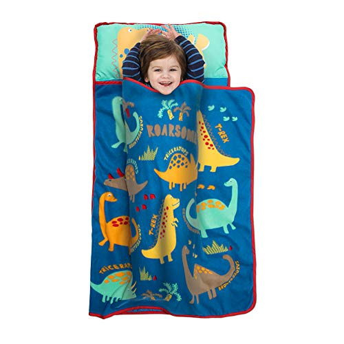 Baby Boom Funhouse Dinosaurs Kids Nap Mat Set β Includes Pillow and Fleece Blanket β Great for Boys Napping during Daycare or Preschool - Fits Toddlers, Blue