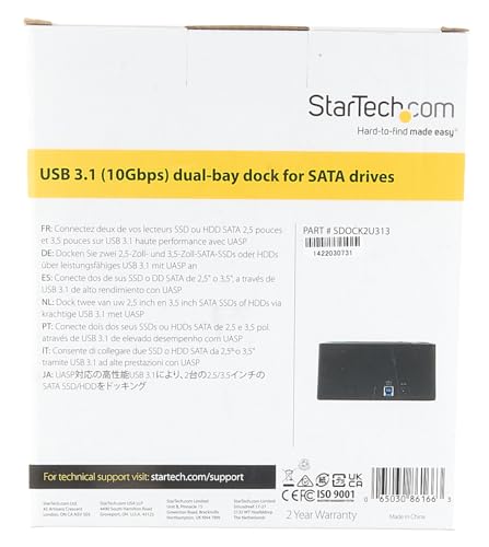 StarTech.com Dual-Bay USB 3.1 to SATA Hard Drive Docking Station, USB 3.1 (10 Gbps), External 2.5/3.5" SATA I/II/III, SSD/HDD Docking Station, Hot-Swap Hard Drive Bay, Top-Loading (SDOCK2U313)