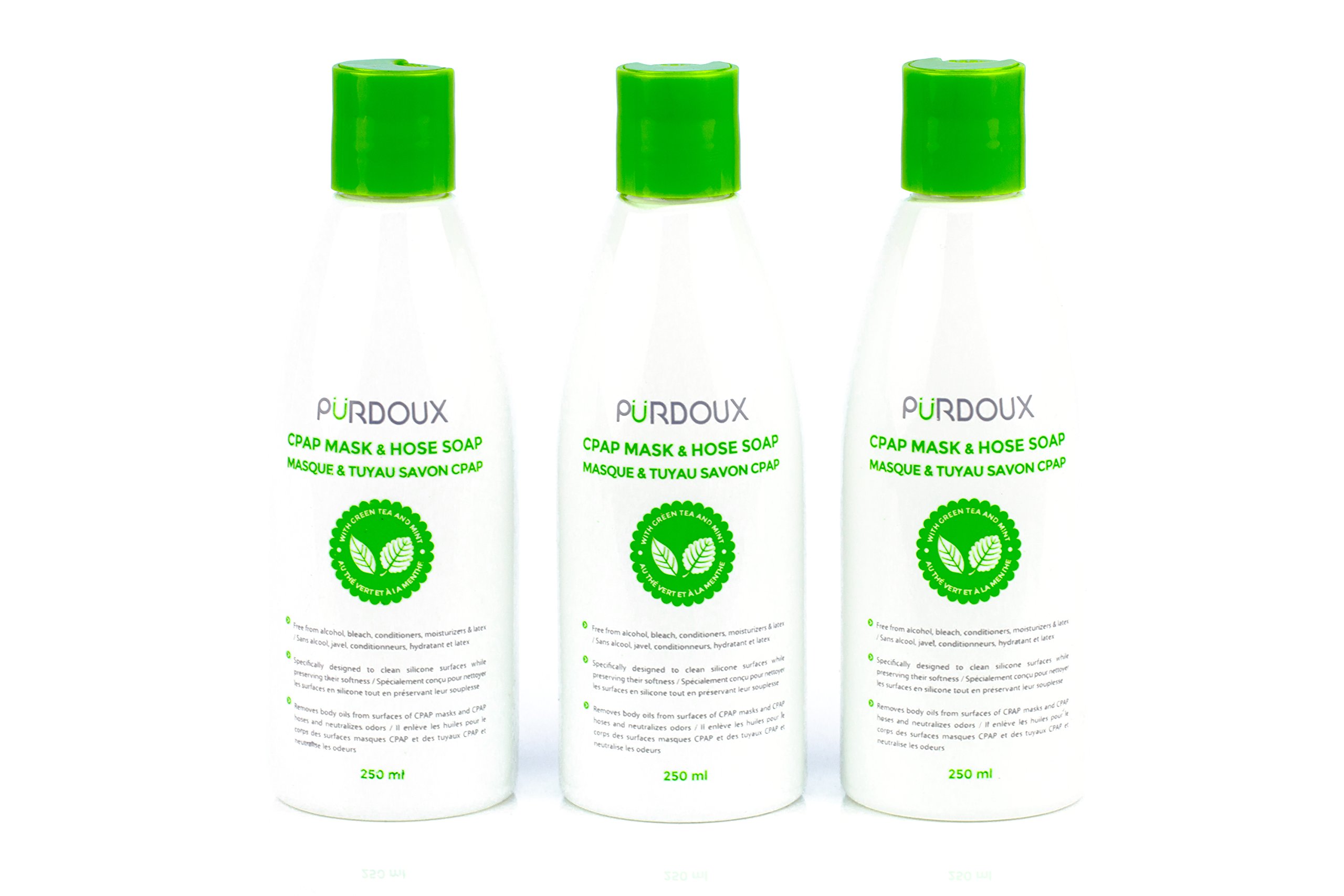 PURDOUX™ CPAP Mask & Hose Cleaning Soap (Pack of 3 Bottles, 250 ml / 8.4 oz Each) (3 x Green Tea-Mint Scent)