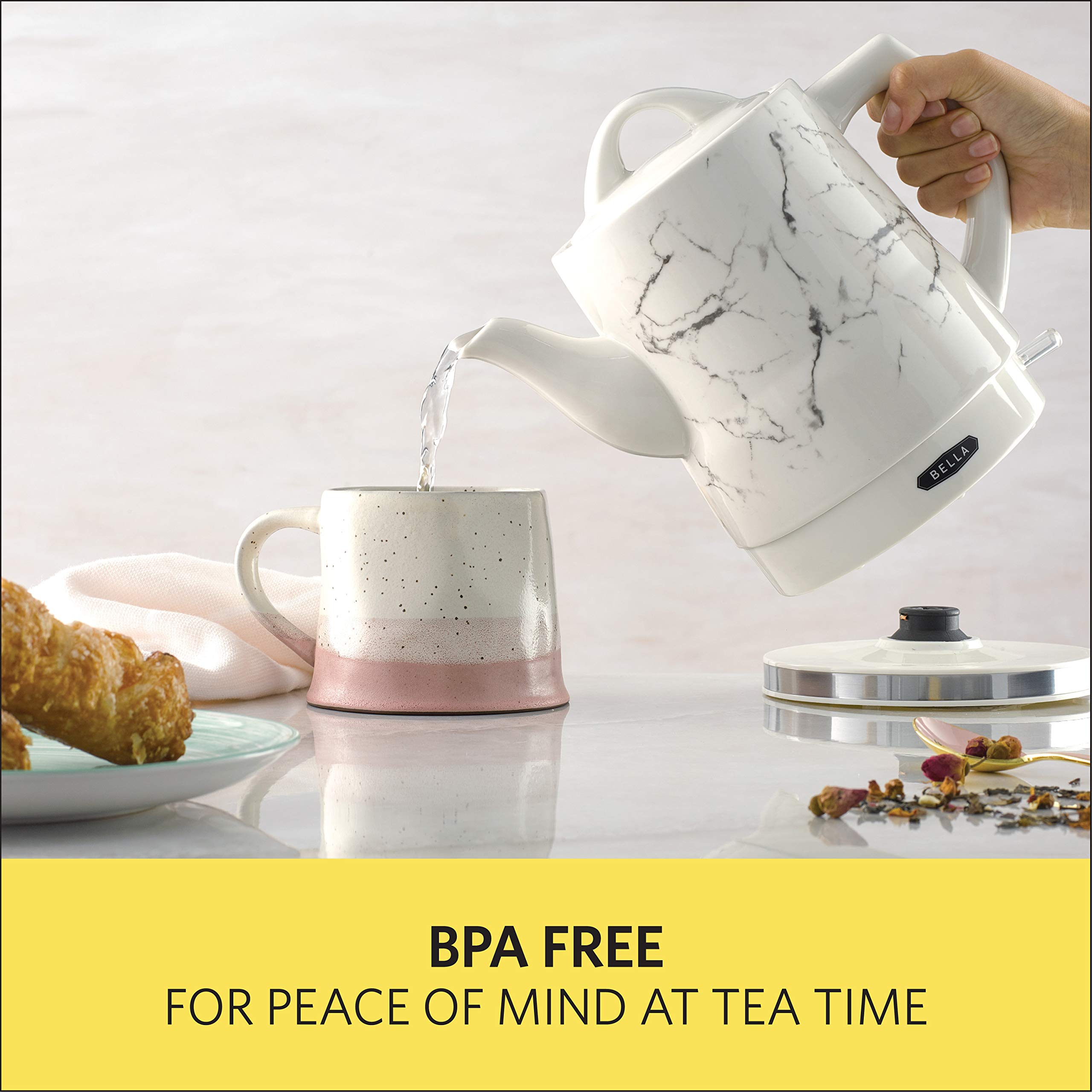BELLA 1.5 Liter Electric Ceramic Tea Kettle with Boil Dry Protection & Detachable Swivel Base, White Marble, Model 14743