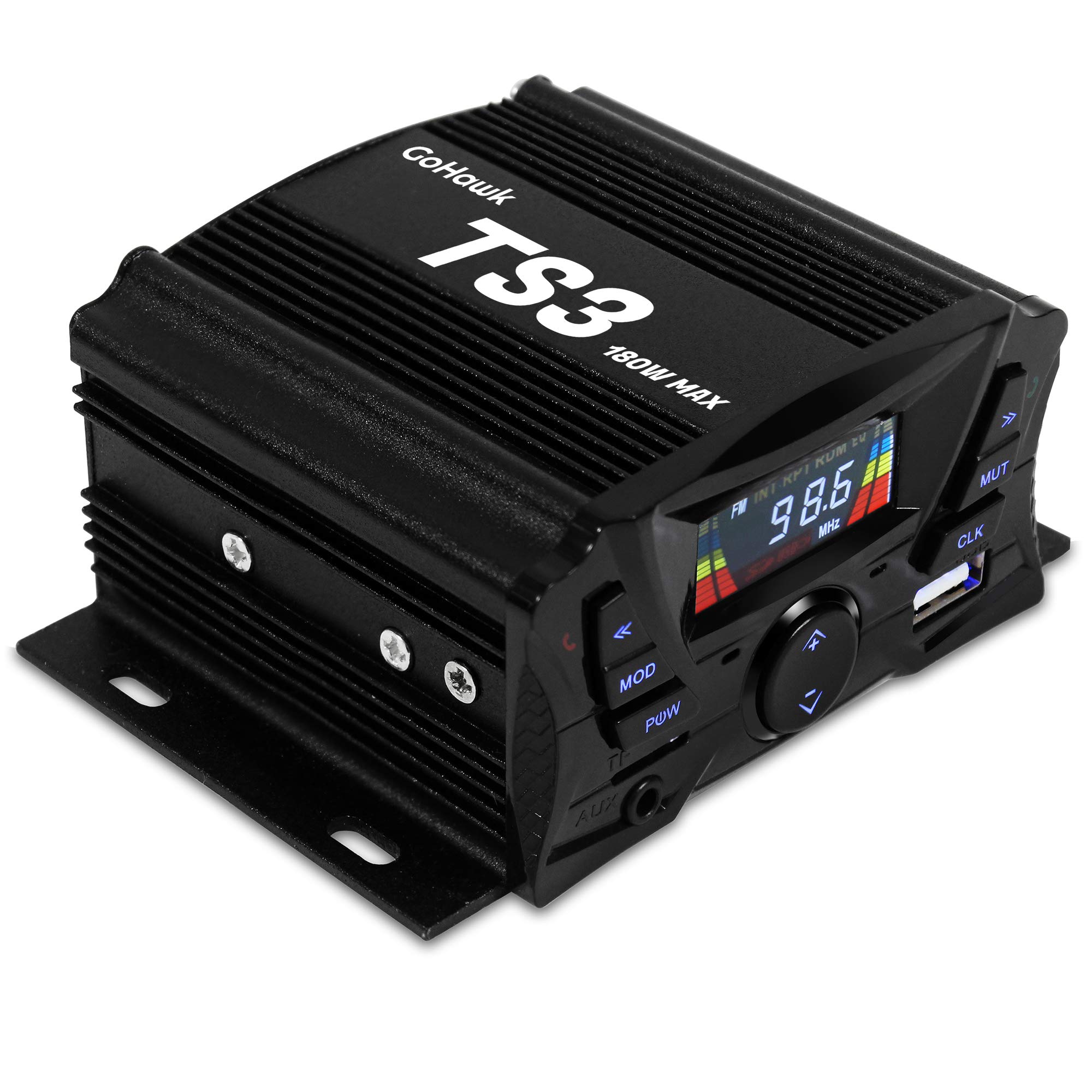 GoHawk TS3 Motorcycle Weatherproof Bluetooth Speakers 7/8-1.25 in. Handlebar Mount MP3 Music Player Sound Audio Stereo Amplifier System ATV AUX, USB, Micro SD, FM Radio 2-Speaker