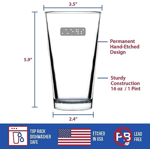 Braille Cheers Pint Glass for Beer - Fun Braille Gifts for Braille Teachers and Visually Impaired or Blind Braille Readers - 16 Oz Glasses