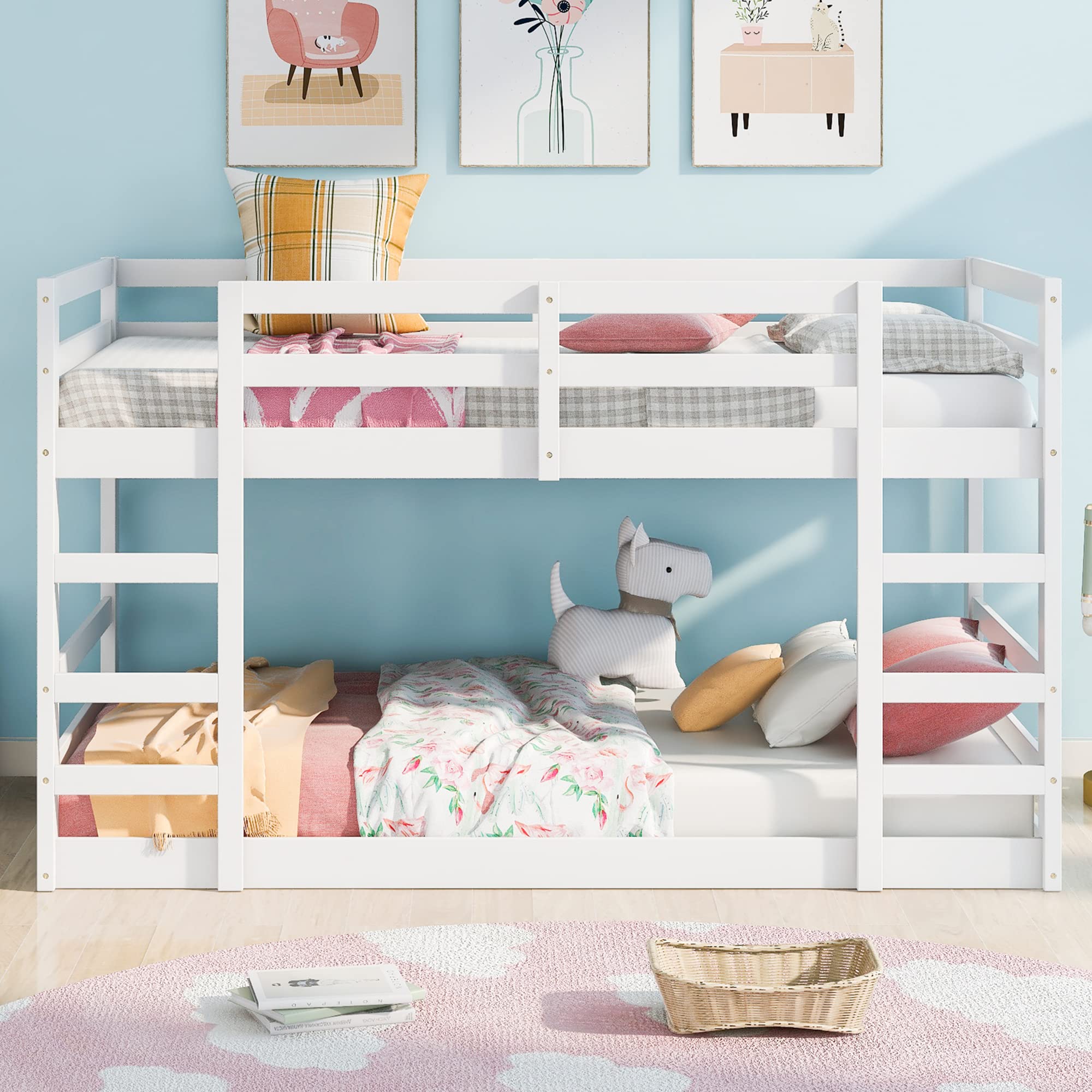 P PURLOVE Wood Low Bunk Bed Twin Over Twin Bunk Bed for Kids Low Loft Bed and Floor Bed for Kids Teens, Wood Slat Included, No Box Spring Need