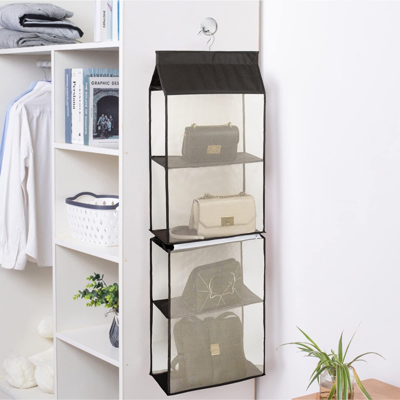KMOTASUO 2 Pack Detachable Purse Handbag Organizer for Closet, Hanging Purses Bag Storage Holder with 4 Clear Shelves, Space Saving Wardrobe Organizers System for Bedroom Living Room