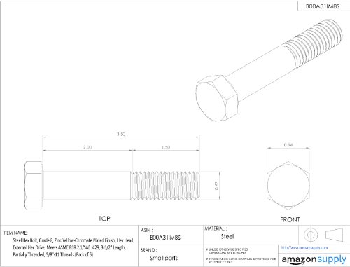 Steel Hex Bolt, Grade 8, Zinc Yellow-Chromate Plated Finish, Hex Head, External Hex Drive, Meets ASME B18.2.1/SAE J429, 3-1/2" Length, Partially Threaded, 5/8"-11 Threads (Pack of 5)