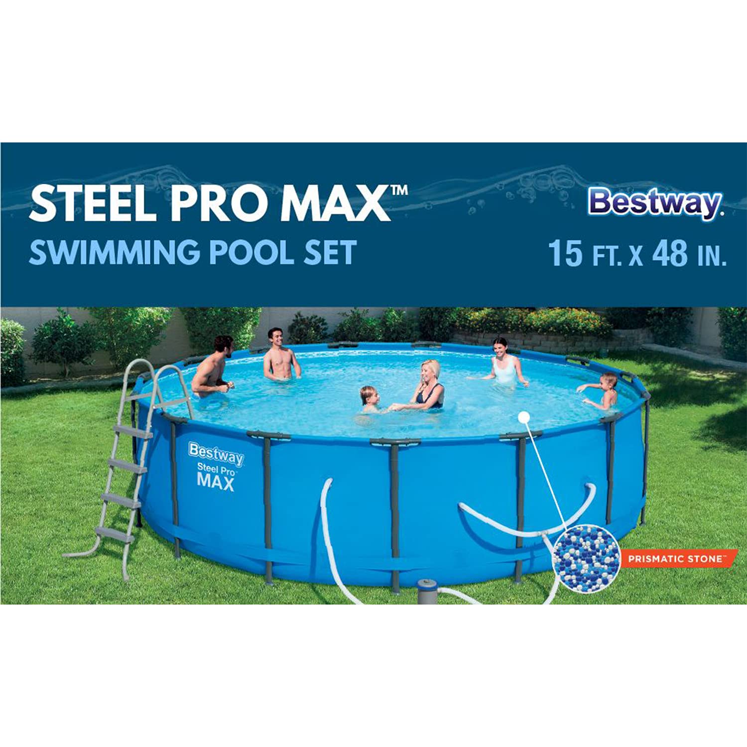Bestway 56690E Steel Pro Max 15Ft x 15Ft x 48In Round Metal Frame above Ground Swimming Pool Set with 1000 GPH Pump, Ladder, Cover, and Solution Blend