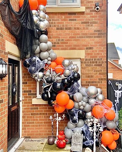 Bonropin 160Pcs Halloween Balloon Garland Arch kit with Black White Orange Silver Agate Balloons for Halloween Day Party Background Decorations