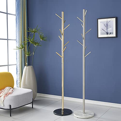 Metal Coat Rack Stand Golden Satin Steel Finish Stable Marble Base, High-Grade with Hooks Metal Tree Hat & Coat Hanger Floor Free Standing Wall Bedroom Easy Assembly (Golden)