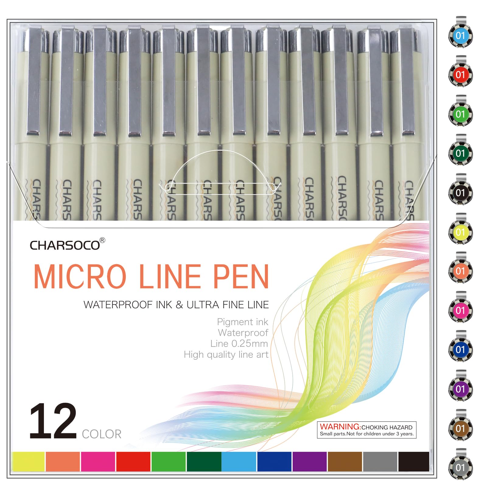 CHARSOCO 01 Micro Pen, Fine Point Pen with 12 Colors, Waterproof Archival Ink, 0.25mm Fineliner Ink Pens for Artist Illustration, Sketching, Anime, Manga, Technical Drawing and Scrapbooking